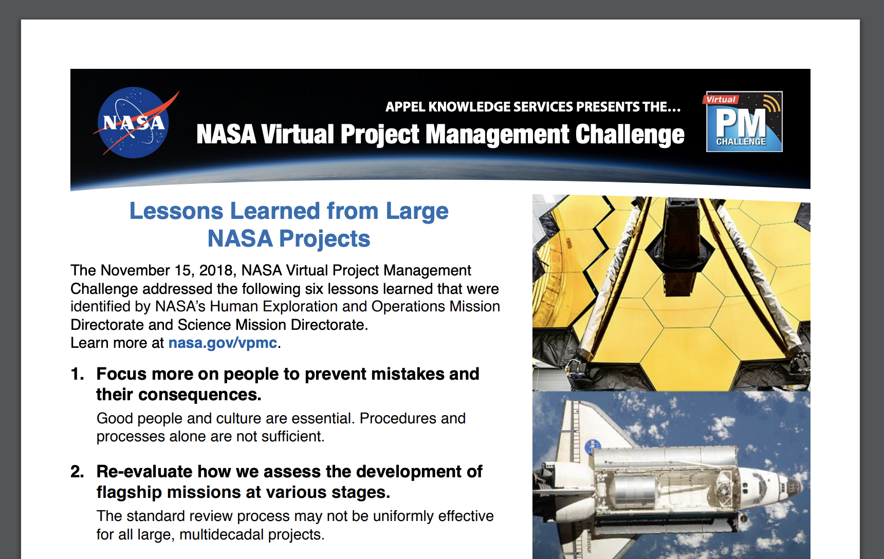 Lessons Learned From Large Nasa Projects Summary Appel Knowledge Services